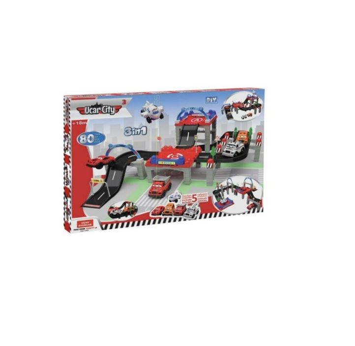 Set cuburi constructie, model pista de curse, cu garaj, 80 de piese ...